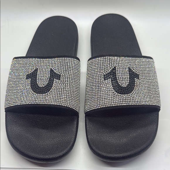 True Religion | Shoes | True Religion Black And Silver Slide Sandals ...